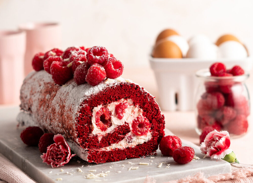 Red Velvet Roll Cake with Raspberry White Chocolate Filling - American ...